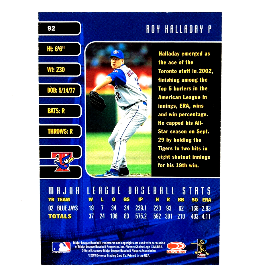 Roy Halladay 2003 Donruss Studio Card #92 MLB Toronto Blue Jays | eBay