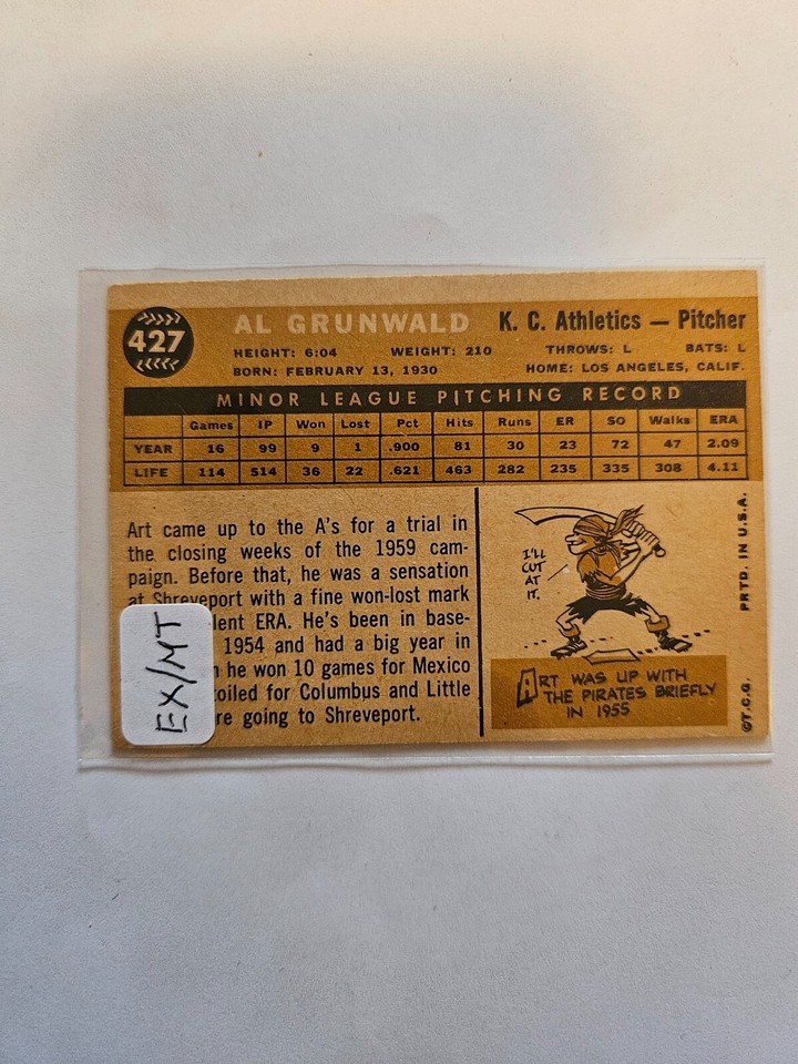 1960 TOPPS AL GRUNWALD RC #427 EX/MT COMBINED SHIPPING | eBay