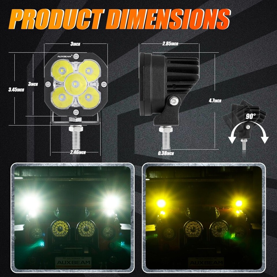 AUXBEAM 3" LED Work Head Light Fog Driving Cube Pods Offroad Pickup ...