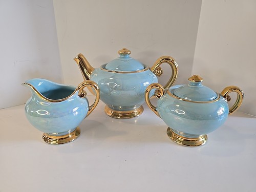 VTG Acme Warranted 22k Gold & Blue Lusterware Tea pot, Sugar Bowl ...