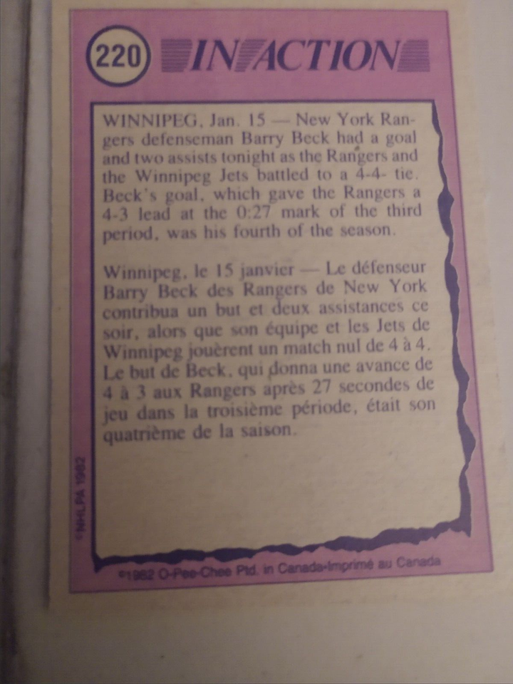 Barry Beck New York Rangers OPC 82-83 card Autographed #328 with LOA | eBay
