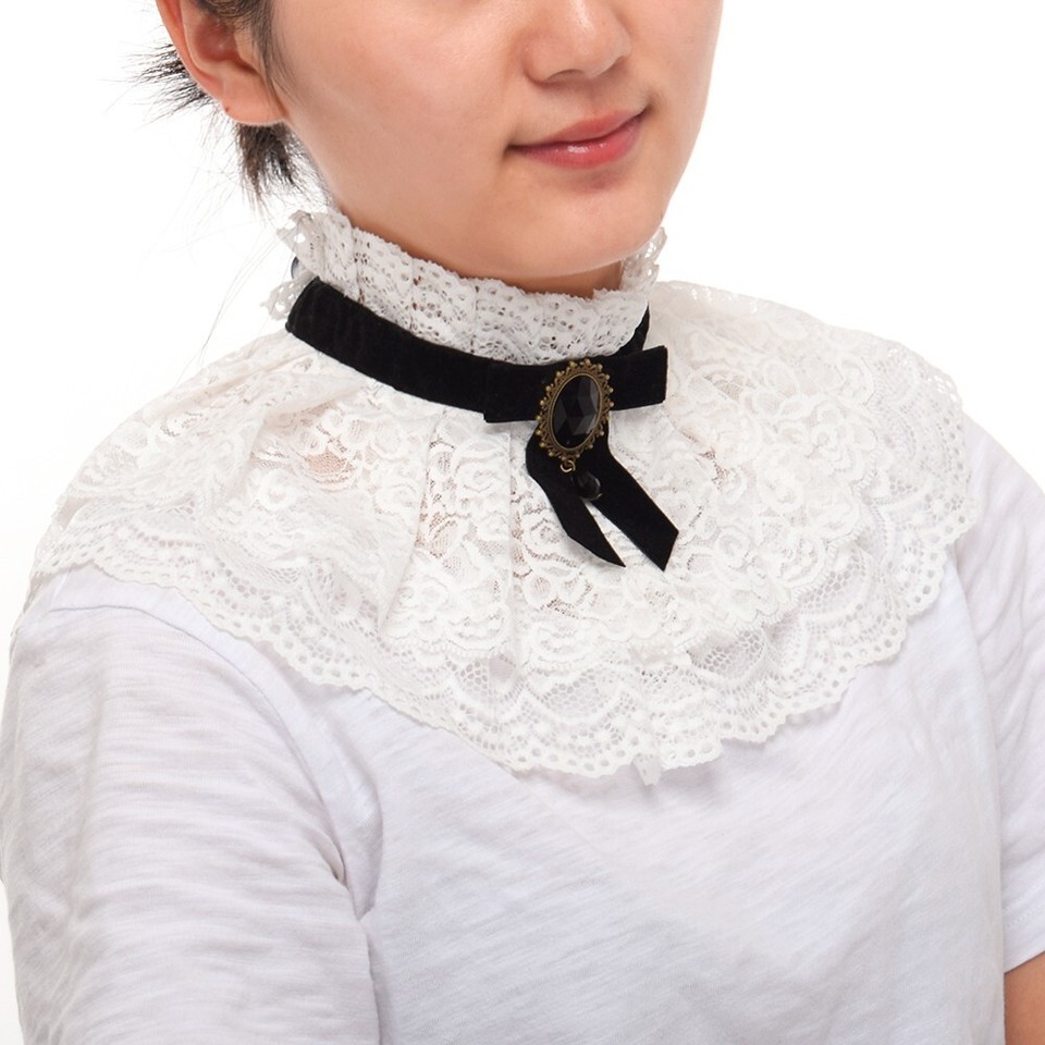 Victorian Lady White Neck Ruff Lace up Bowknot Edwardian Girls High ...