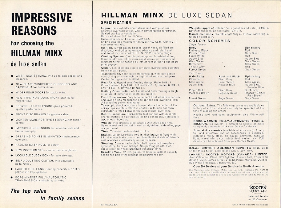 Hillman Minx Series V 1600 De Luxe 1963-64 USA Market Single Sheet ...