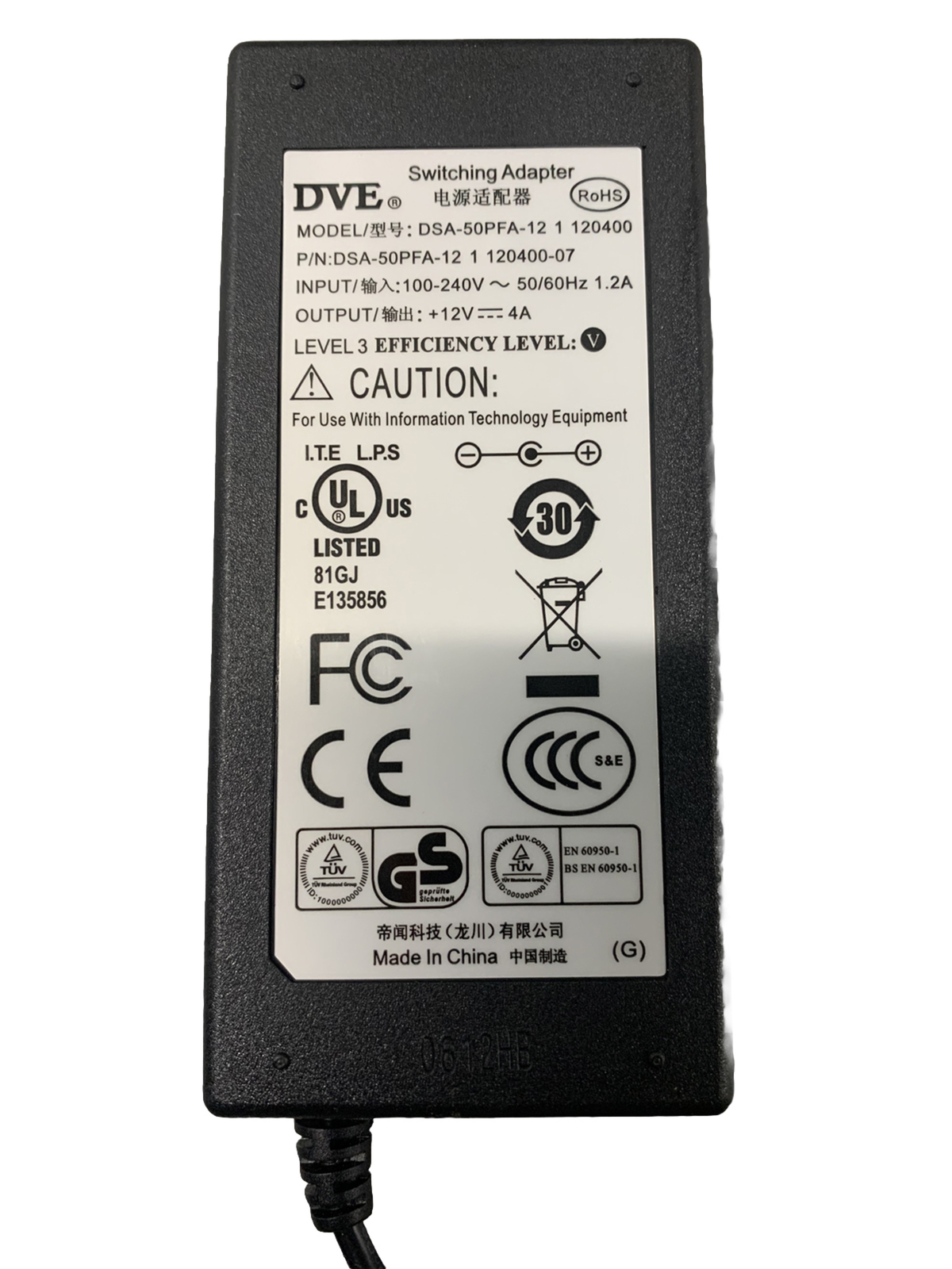 DVE Universal Switching Adapter 12V 4.16A AC Adapter DSA-50PFA-12 for ...