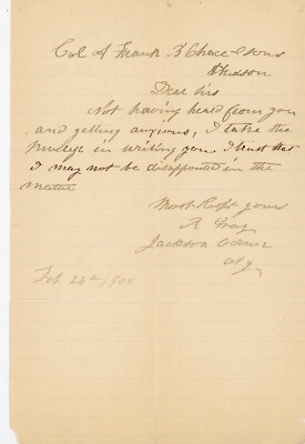 1900 Handwritten Letter by R. Gray to Col. A. Frank B. Chace & Sons ...