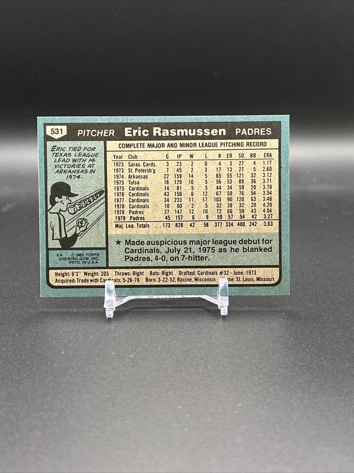 1980 Topps #531 Eric Rasmussen San Diego Padres NM+ | eBay
