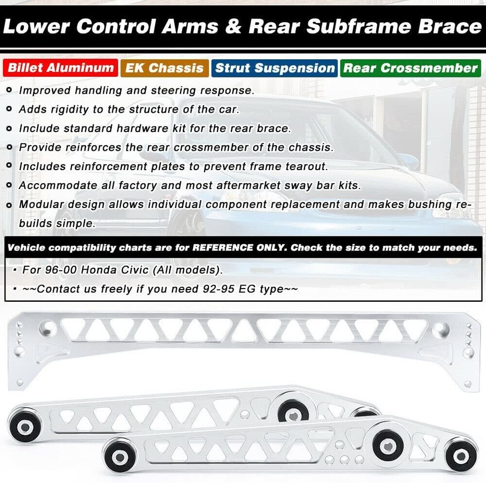 Silver Billet Rear Lower Control Arm & Subframe Brace for 96-00 Honda ...