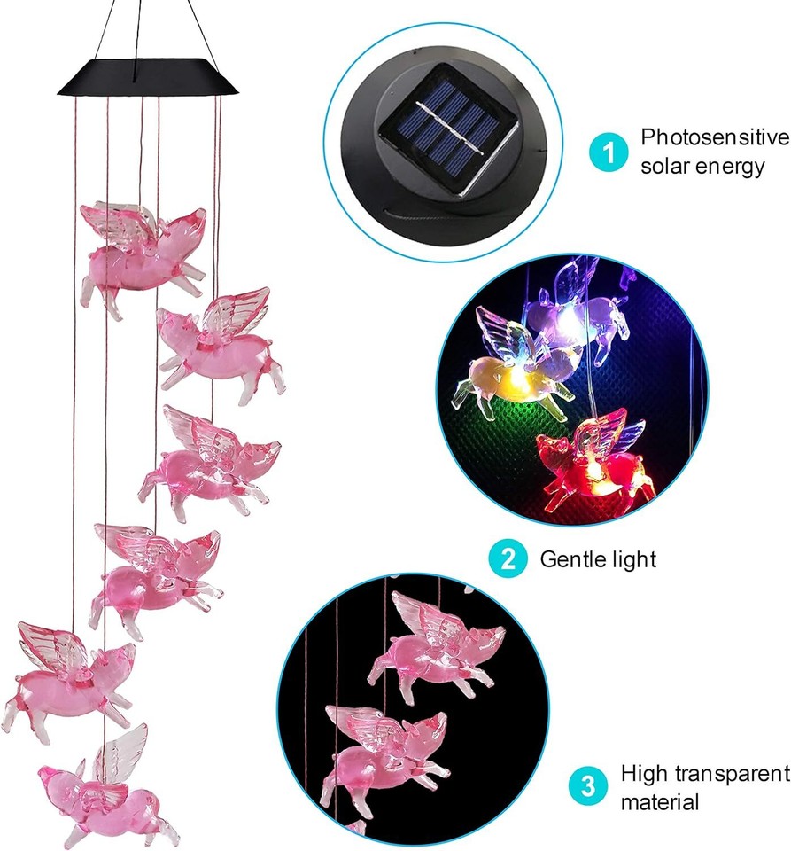 Solar Flying Pigs Wind Chimes Outdoor - Waterproof Solar Powered LED | eBay