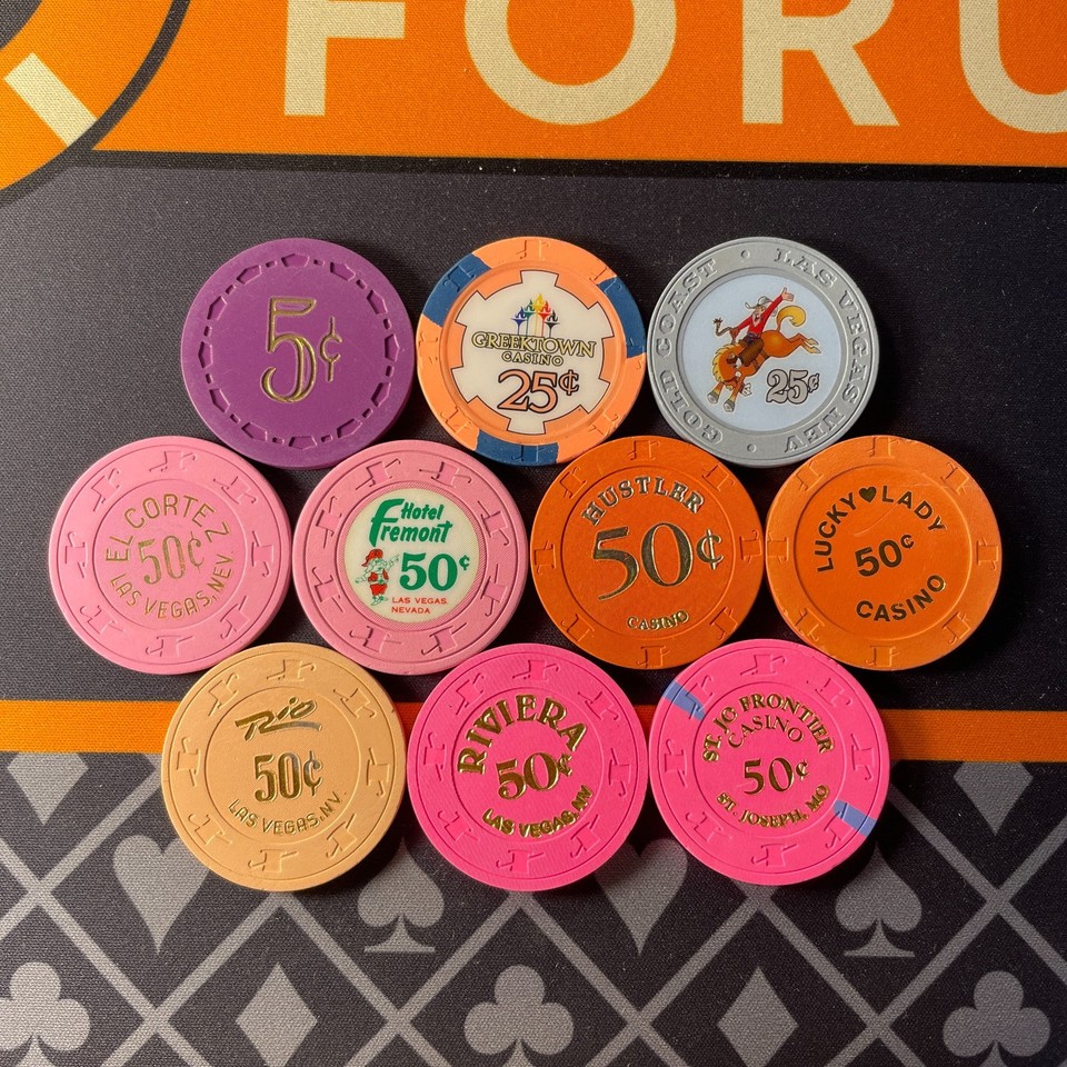 Lot of 10 fractional 5 25 50 cent casino chips Fremont Gold Coast Rio ...