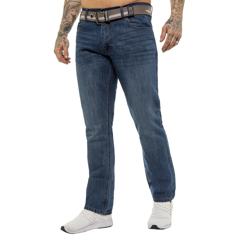 Enzo Jeans Mens Straight Leg Denim Trouser Belted Regular Fit Pants All ...