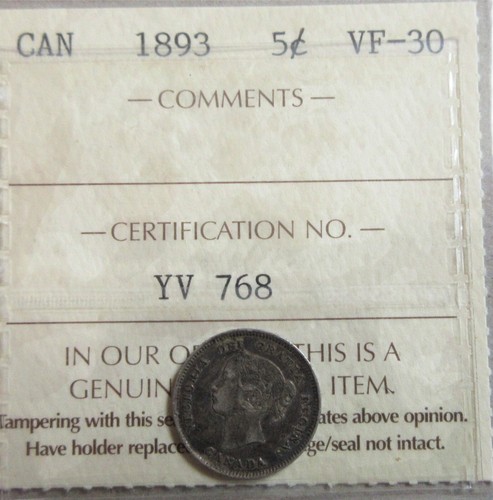1893 Canada Silver Five Cents Coin. ICCS VF 30 Nickel VF30 5 cents 5c ...