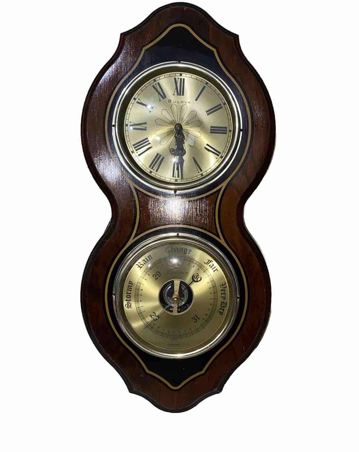 Vintage Bulova Clock Barometer Wall Hanging Wood Plaque Tested And ...