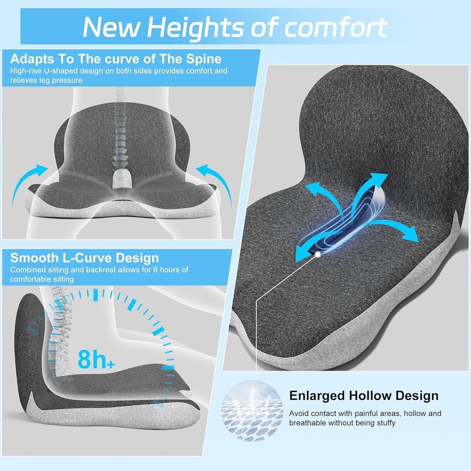 Cushion Seat Pillow Ergonomic Back Pain Relief Memory Foam Computer ...