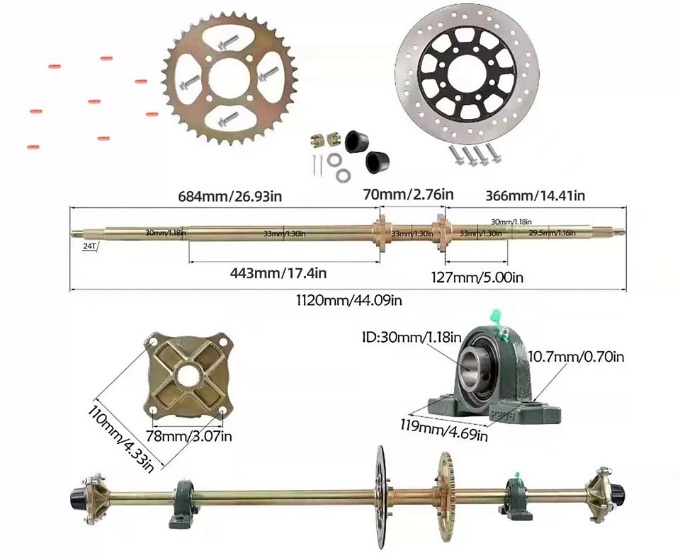 US 1120mm Rear Axle Shaft Kit w/Brake Disc Sprocket for Go Kart Quad ...