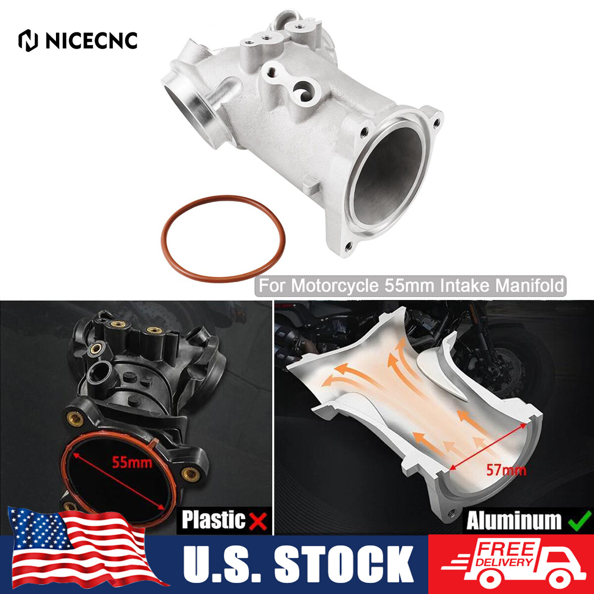 55mm M8 Engine Intake Manifold For Harley Road King FLHR/Street Glide ...