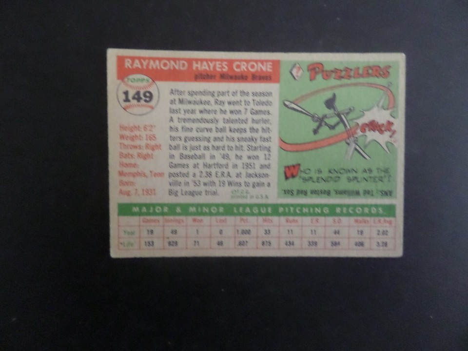 1955 TOPPS RAY CRONE BRAVES BASEBALL CARD #149 EX BV $25.00 #2632 | eBay