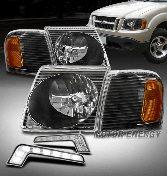 FOR 01-05 FORD EXPLORER SPORT TRAC REPLACEMENT BLACK HEADLIGHT W/LED ...