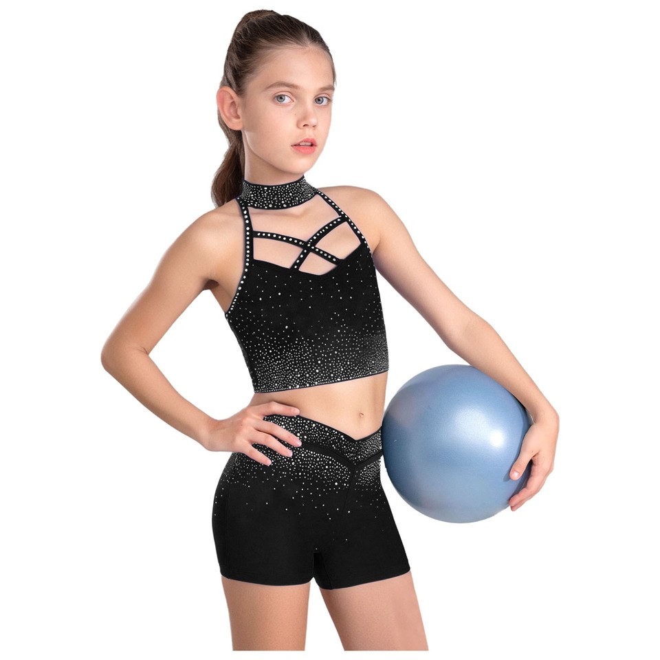 Kids Girls Suit Dance Outfit Crop Top Set Costume Halter Dancewear ...