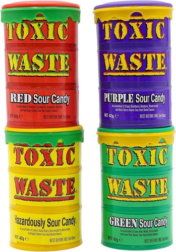 4x TOXIC WASTE ASSORTED DRUM SOUR CANDY SWEETS - GREEN / RED / PURPLE ...