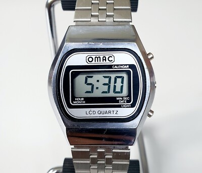 1983 OMAC LCD Digital Mens Watch 35mm Quartz Back Light Silver New ...