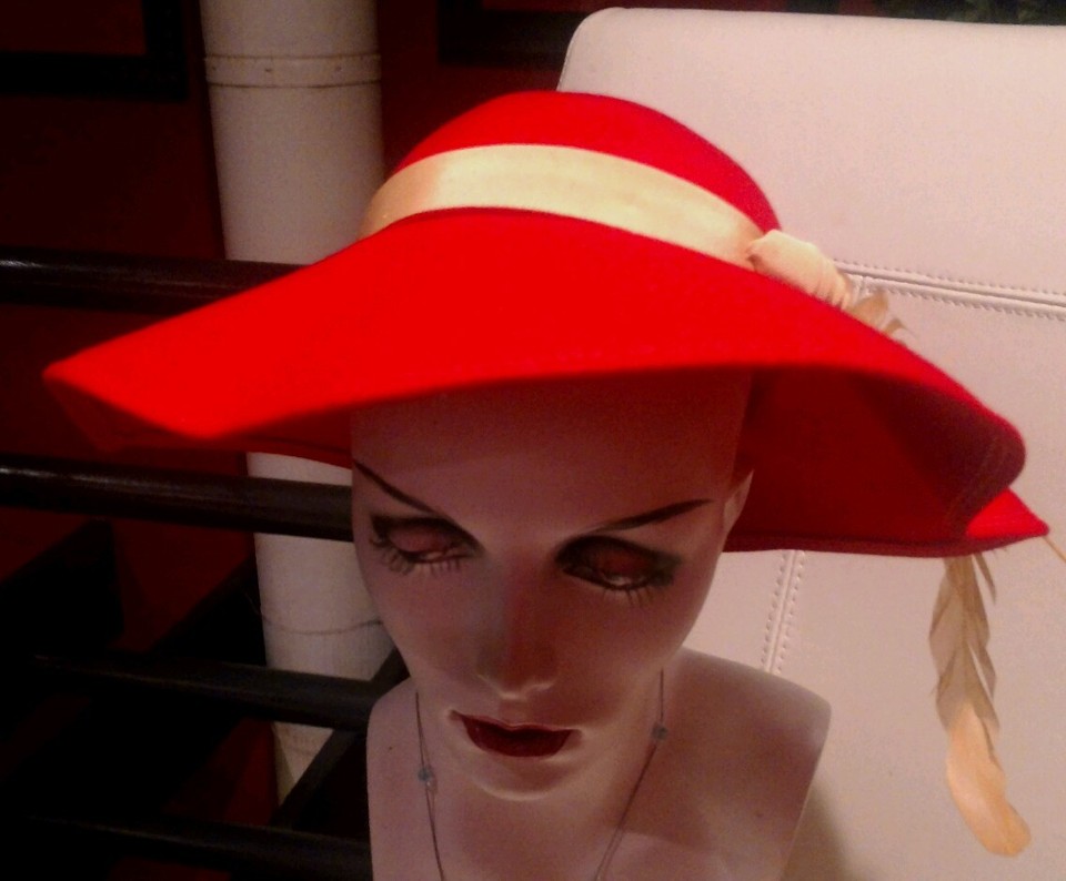 Vintage 40's Winner Red Felt Hat with Feathers Derby Floppy | eBay