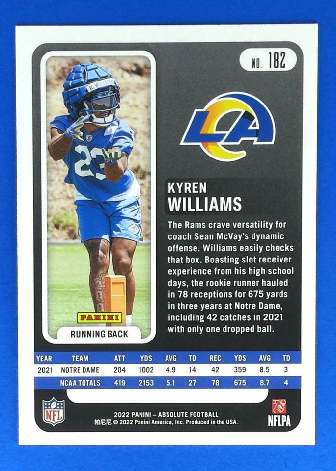 2022 Panini Absolute Kyren Williams #182 FOOTBALL CARD LA Rams RC ...
