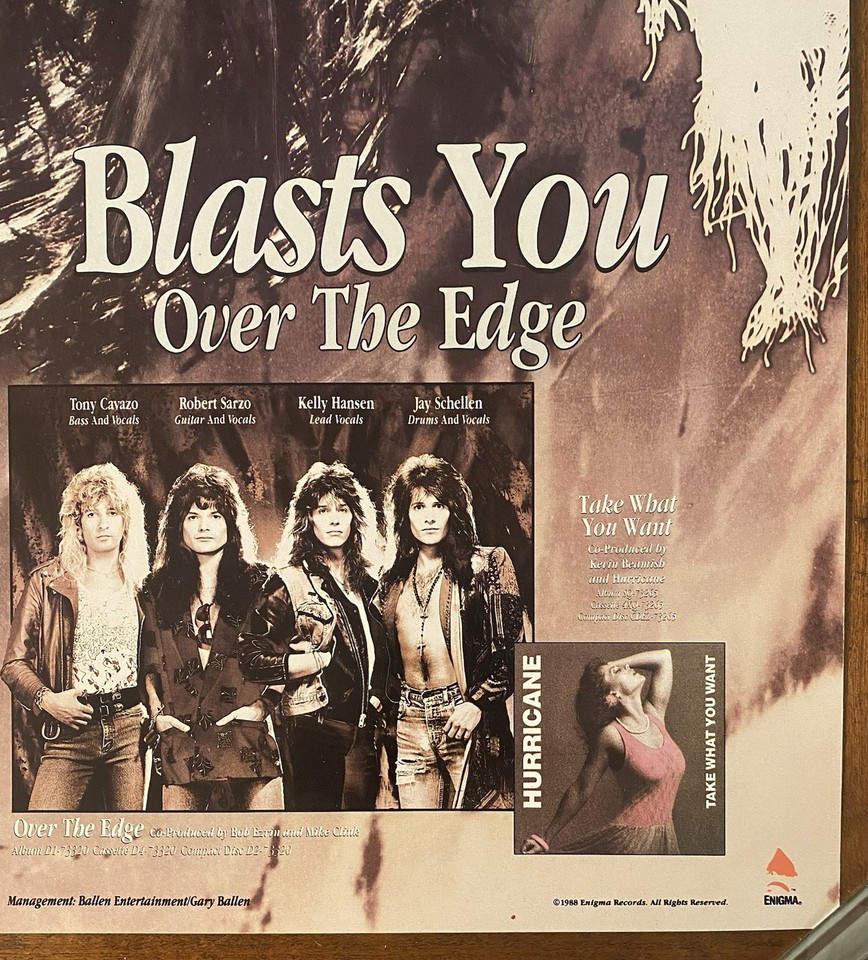 HURRICANE Over The Edge 1988 US PROMO Only POSTER Heavy METAL Glam Hair ...