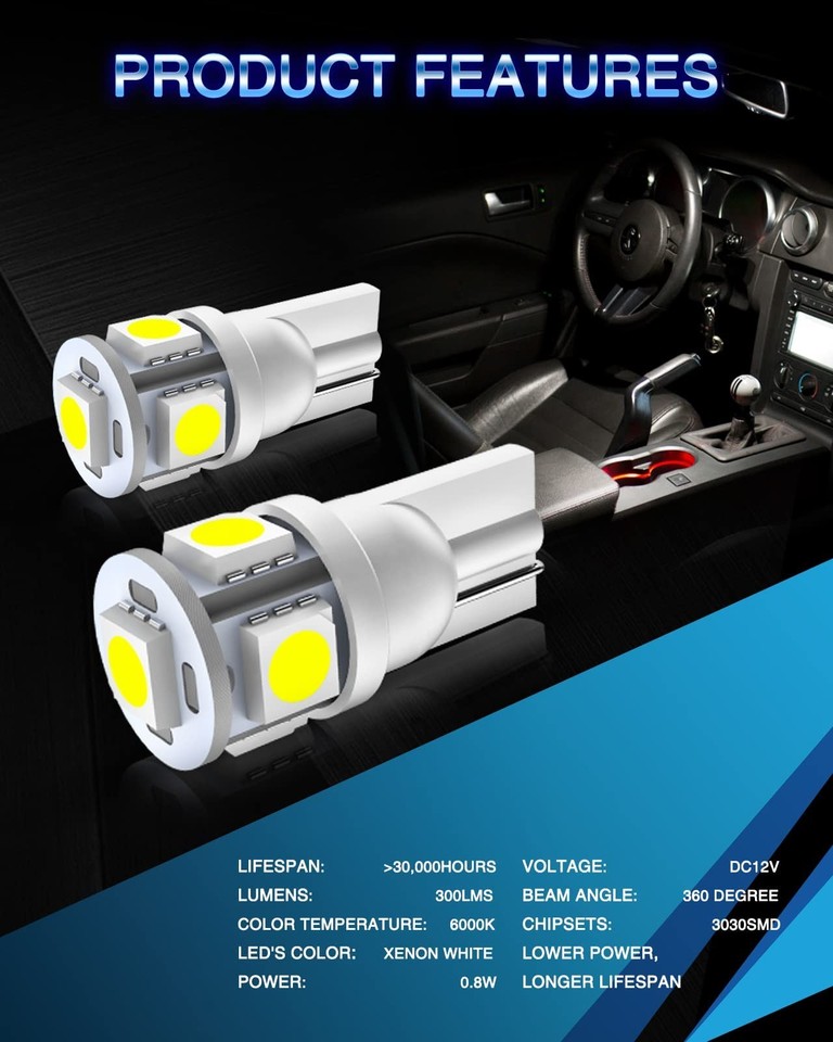 194 LED Bulb 6000K White 168 T10 2825 W5W 5SMD Replacement Bulbs for ...