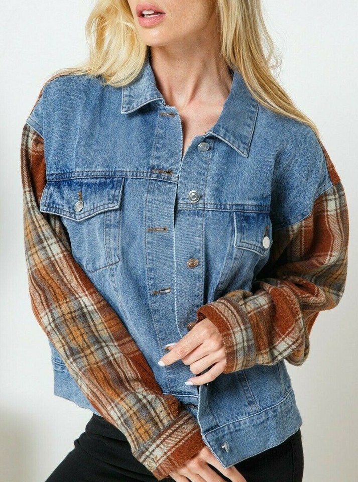Boho Vintage Western Plaid Jean Shacket Flannel Shirt Washed Denim ...