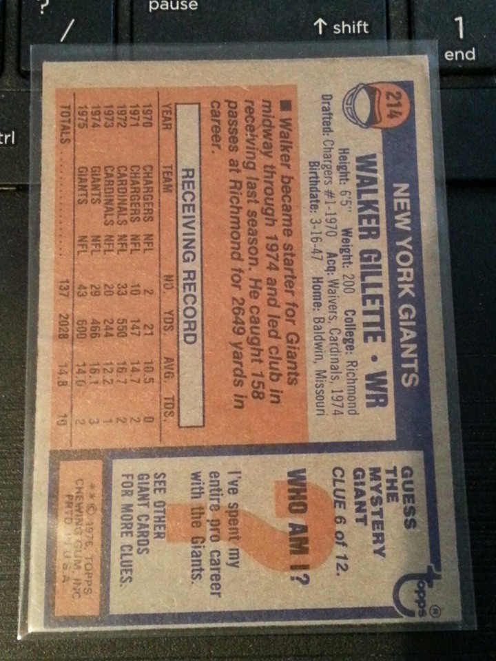 1976 Topps Walker Gillette New York Giants #214 Football Card | eBay