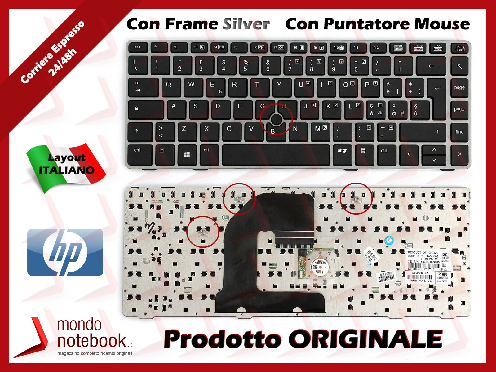 Tastiera Italiana Nera con Frame Silver per Notebook HP EliteBook 8460P ...