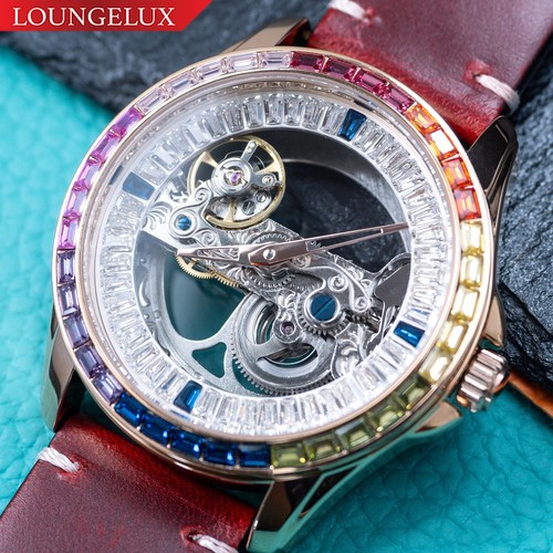 Mens Silver Automatic Mechanical Watch Bridge Rainbow Cubic Oil Waxed ...