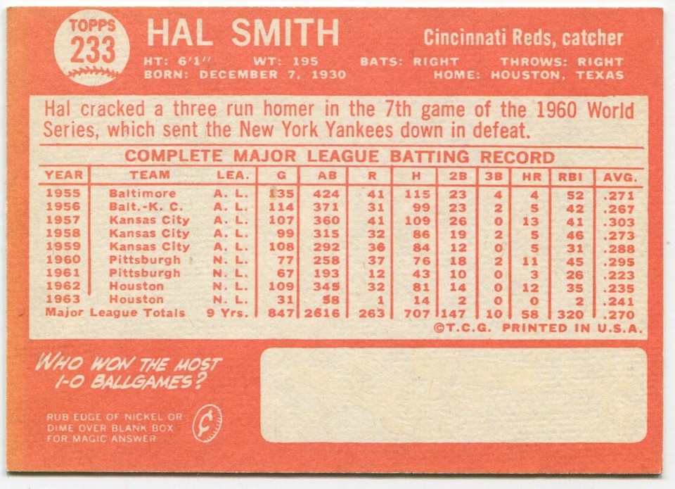 1964 Topps #233 Hal Smith Cincinnati Reds | eBay