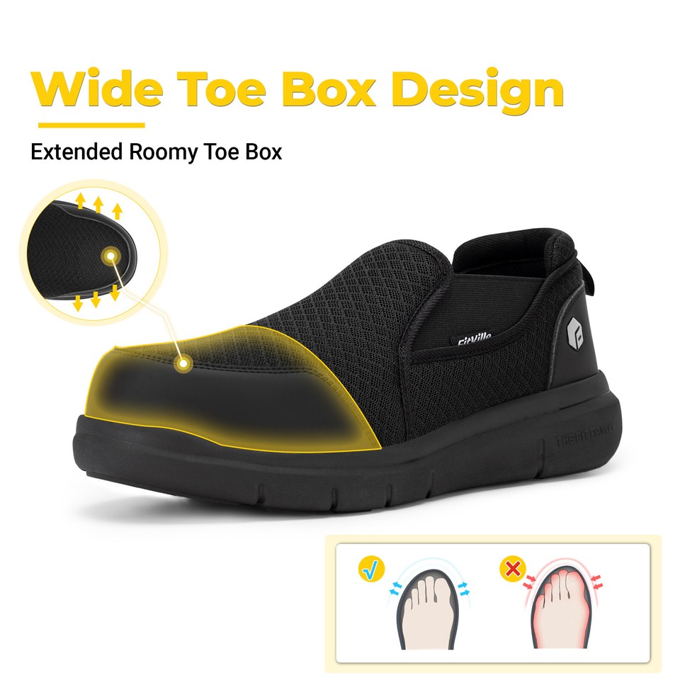 FitVille Mens Slip on Steel Toe Shoes Extra Wide Composite Toe Work ...