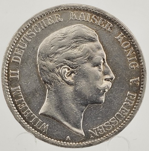 GERMAN 5 Mark 1907 A PRUSSIA KAISER WILHELM II 90% Silver Coin EMPIRE ...