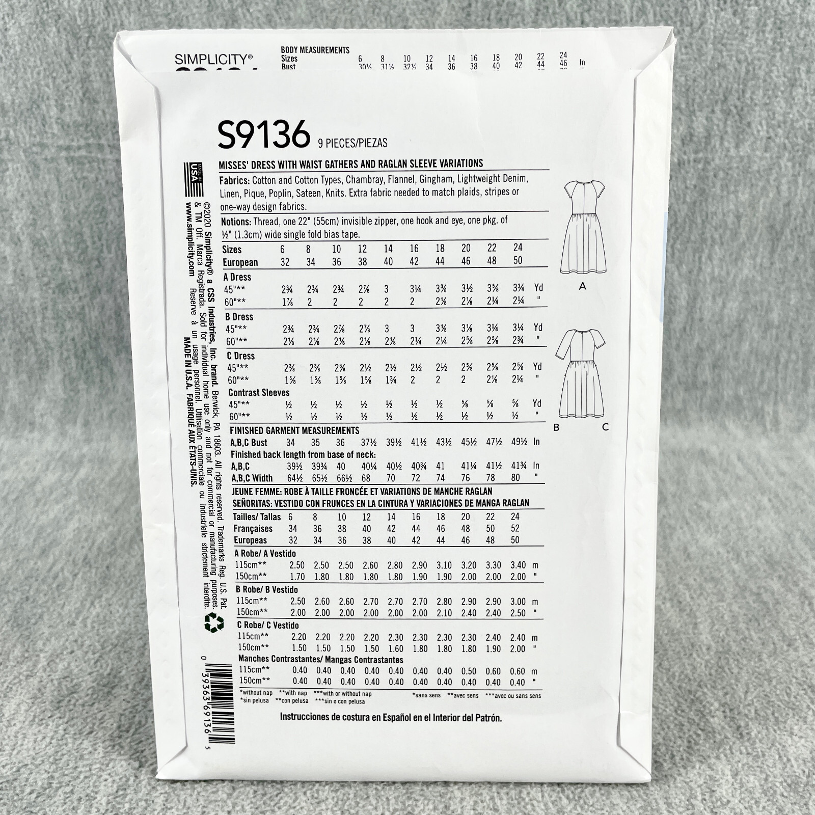 Simplicity 9136 Plus Size Dress with Raglan Sleeves Misses 16 24 Sewing ...