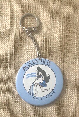 AQUARIUS Vintage Zodiac Sign Astrology Round Metal Button Keychain Key ...