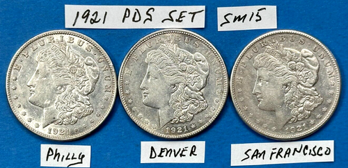 Complete THREE Coin 1921 PDS Morgan Silver Dollar Set ~ Grades are XF ...