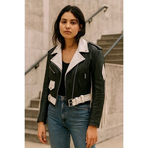 Vintage UNIK Leather Fringe Biker Jacket Black White Belted Cropped X ...