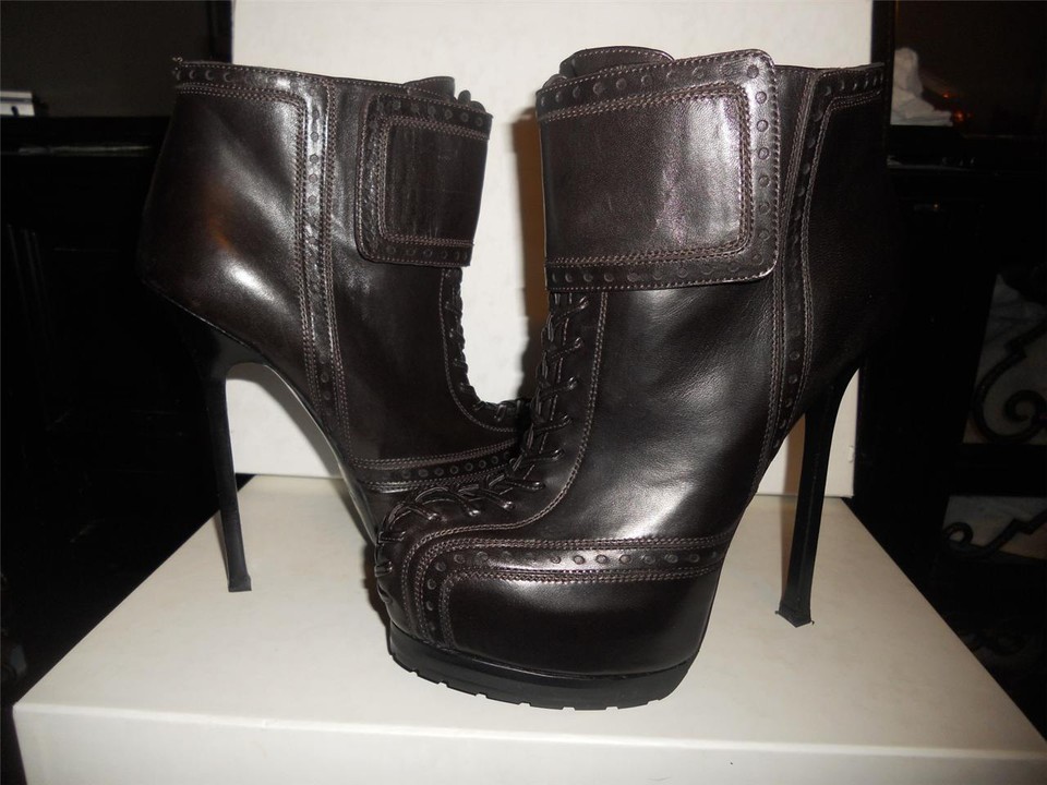 YSL Yves Saint Laurent Tribtoo Brown Leather Platform Ankle Booties ...