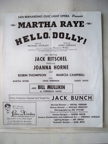 HELLO DOLLY Playbill MARTHA RAYE / JACK RITSCHEL San Bernardino CA CLO ...