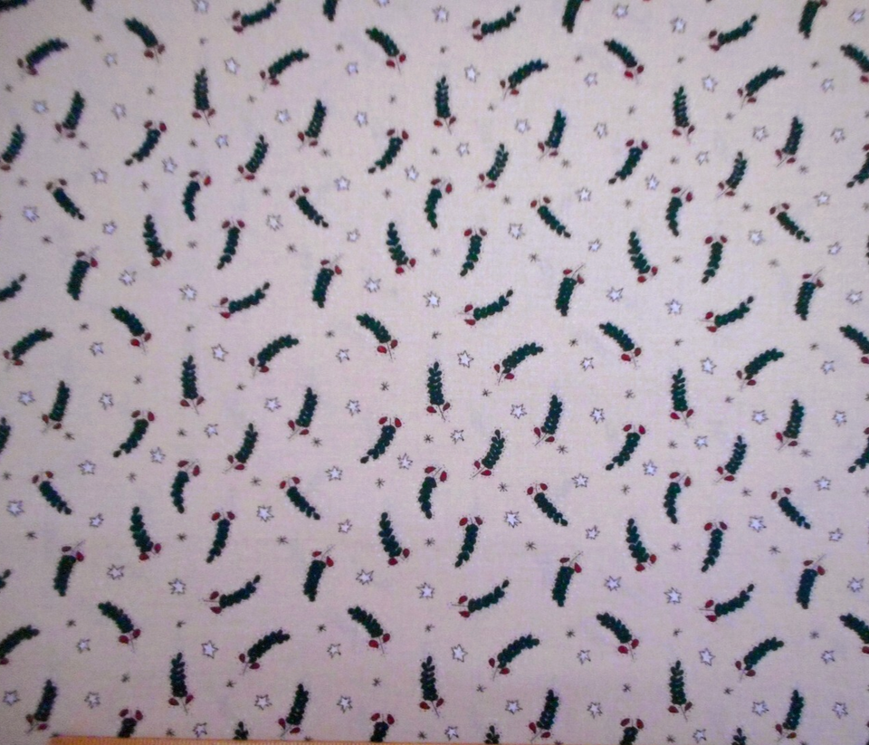 Christmas Fabric Half-Yard Green Red Leaves White Stars on Beige Cotton ...