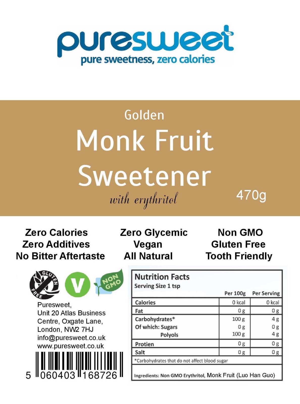 Puresweet Golden Monk Fruit Sweetener 470g, Zero Calories, No Bitter ...