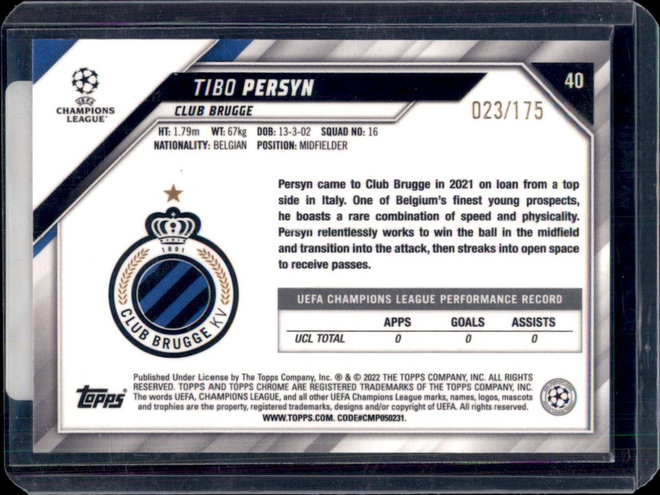 2022 Topps Chrome Tibo Persyn /175 Pink Mini-Diamond Refractor RC #40 ...