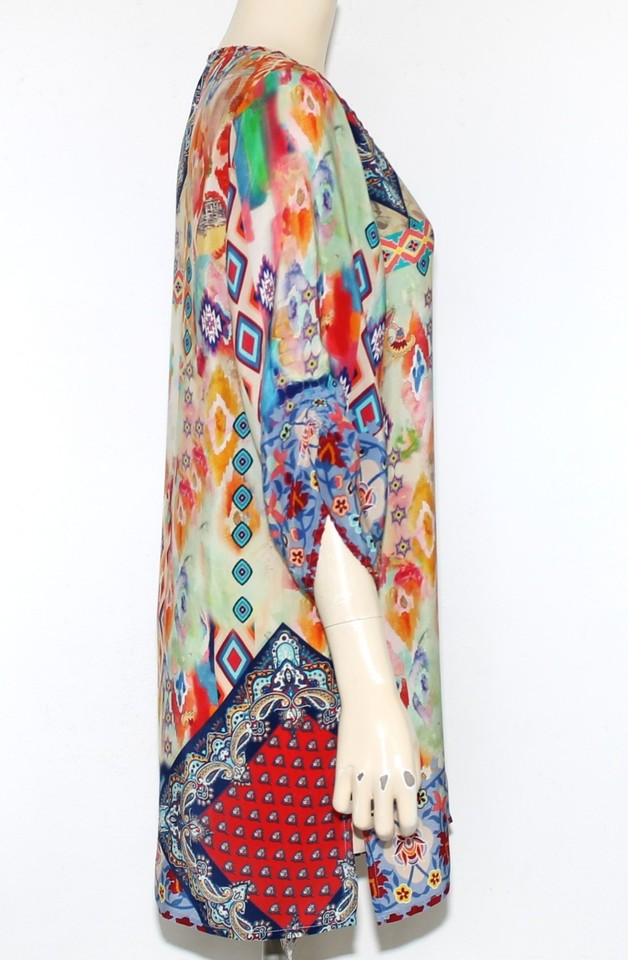 Tolani Multicolor Geometric 100% Silk Tunic 3/4 Sleeve Tassel Tie Neck Size S | eBay