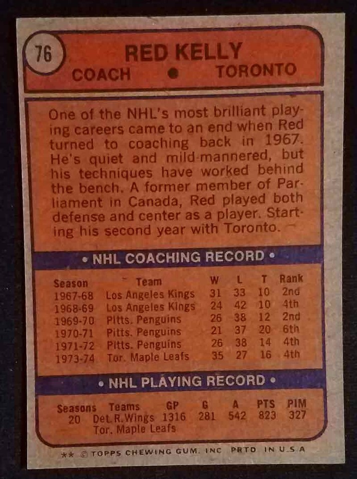 1974-75 Topps #76 Red Kelly Coach Toronto Maple Leafs (HOF) NR-MINT | eBay