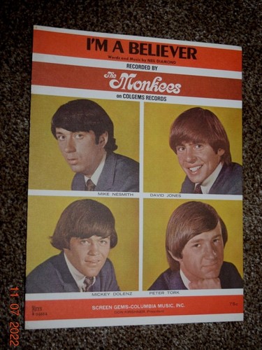 COLOR SHEET MUSIC "I'M A BELIEVER," The Monkees, Pre-Owned (c) 1966 ...