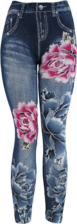 High Waist Women's Denim Print Fake Faux Jeans Leggings Pants | eBay