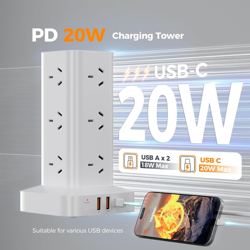 TESSAN Surge Protector Power Board with USB C Tower Power Strip Flat ...