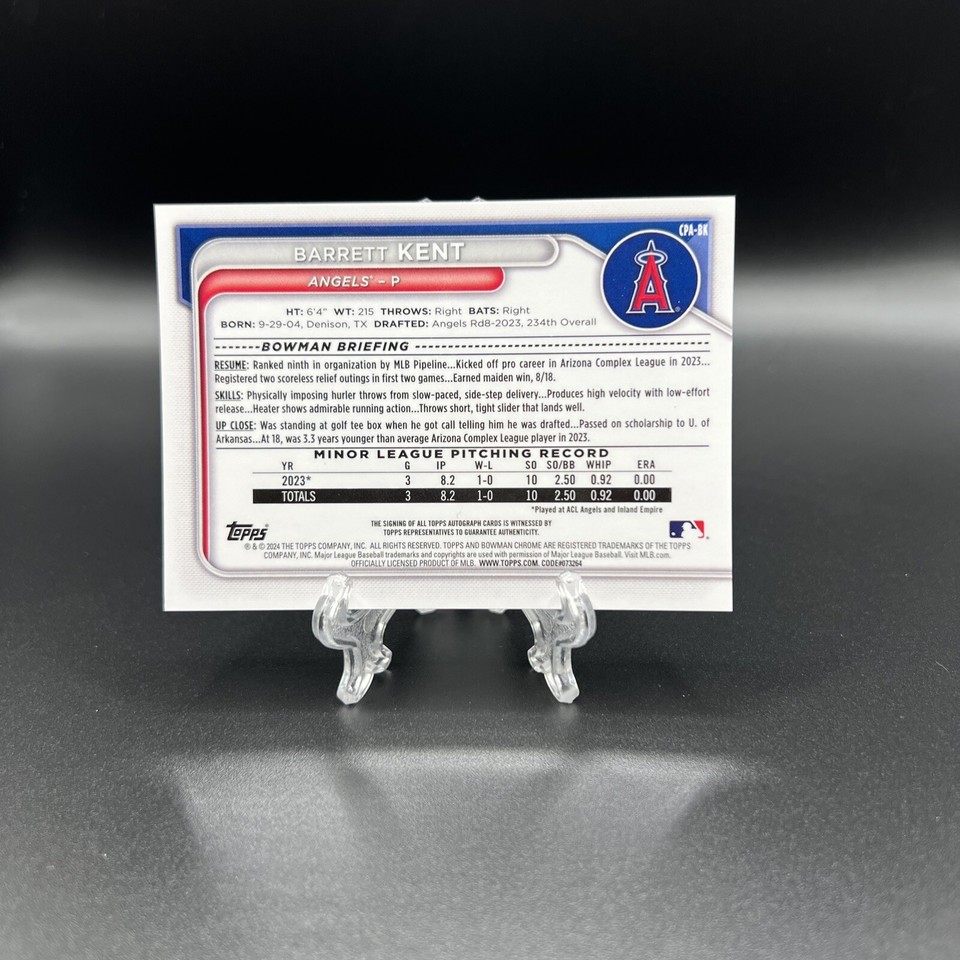 2024 Bowman Chrome Barrett Kent 1st Prospect Auto #CPA-BK - LA Angels ...